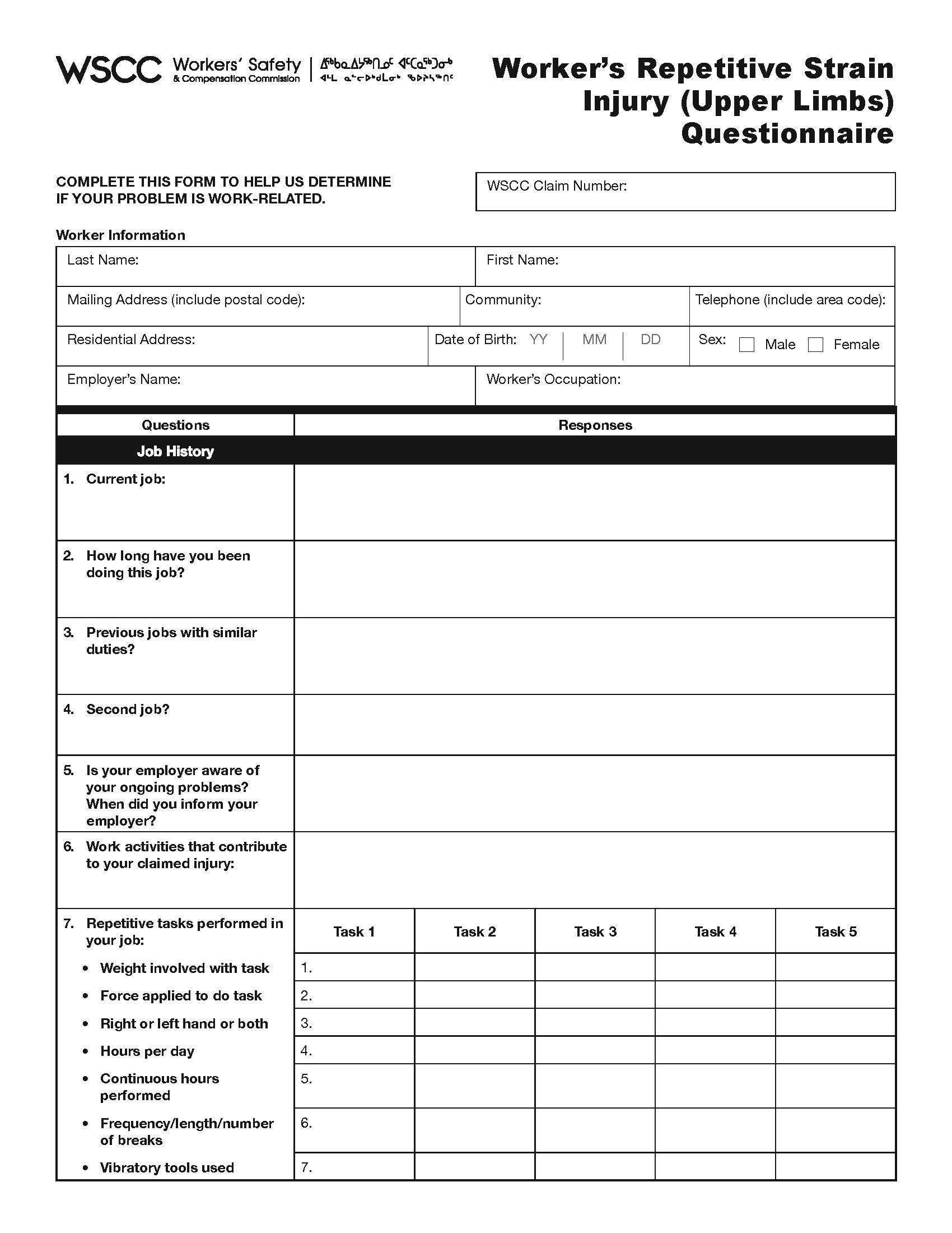 Worker's Repetitive Strain Injury (Upper Limbs) Questionnaire | WSCC | Workers' Safety and ...